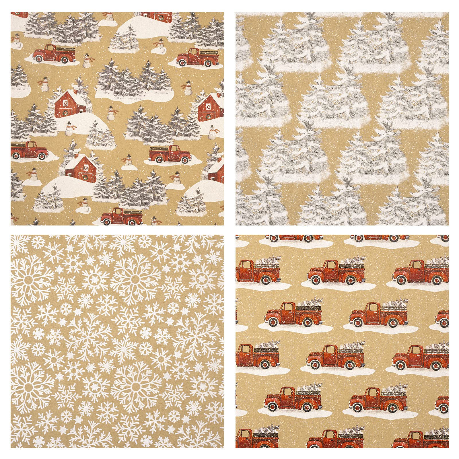 RUSPEPA Christmas Wrapping Paper, Kraft Paper - Snowflake, Snowman, Red Truck and Christmas Tree - 4 Rolls - 30 inches x 10 feet per Roll