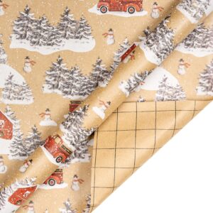 RUSPEPA Christmas Wrapping Paper, Kraft Paper - Snowflake, Snowman, Red Truck and Christmas Tree - 4 Rolls - 30 inches x 10 feet per Roll