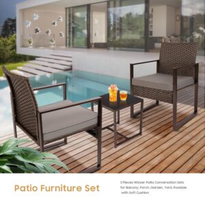 YIYAN 3 Pieces Outdoor Furniture Set Patio Rattan Wicker Chairs & teatable,Lawn Garden Balcony Backyard,with Washable Cushion (Gray)