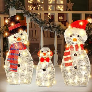 joliyoou 2d christmas yard decoration, set of 3 pre-lit snowmen with 60 leds warm white lights for xmas front door indoor outdoor lighted holiday displays (tinsel look)