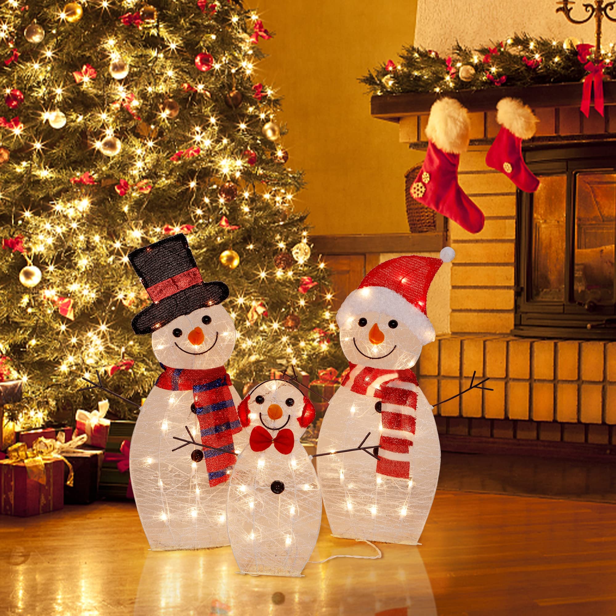 Joliyoou 2D Christmas Yard Decoration, Set of 3 Pre-lit Snowmen with 60 LEDs Warm White Lights for Xmas Front Door Indoor Outdoor Lighted Holiday Displays (Tinsel Look)