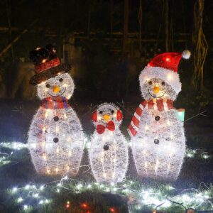 Joliyoou 2D Christmas Yard Decoration, Set of 3 Pre-lit Snowmen with 60 LEDs Warm White Lights for Xmas Front Door Indoor Outdoor Lighted Holiday Displays (Tinsel Look)