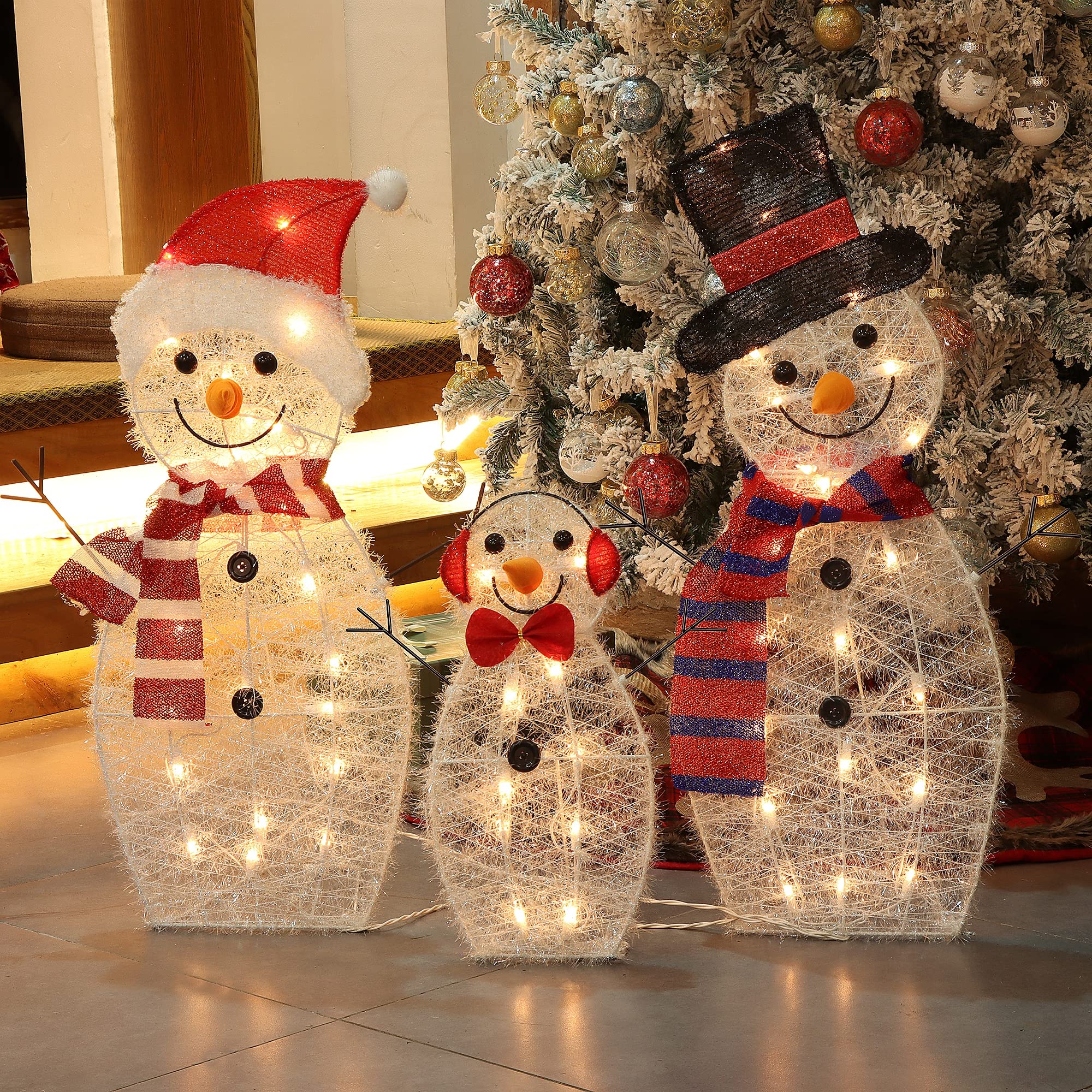 Joliyoou 2D Christmas Yard Decoration, Set of 3 Pre-lit Snowmen with 60 LEDs Warm White Lights for Xmas Front Door Indoor Outdoor Lighted Holiday Displays (Tinsel Look)