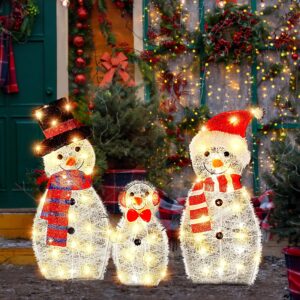 Joliyoou 2D Christmas Yard Decoration, Set of 3 Pre-lit Snowmen with 60 LEDs Warm White Lights for Xmas Front Door Indoor Outdoor Lighted Holiday Displays (Tinsel Look)