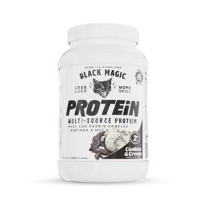 magician black magic multi-source protein - whey, egg, casein complex with enzymes & mct's keto, low sugar pre/post workout cookies and cream flavor 24g 2 lb, 1.92 pound (pack of 1)