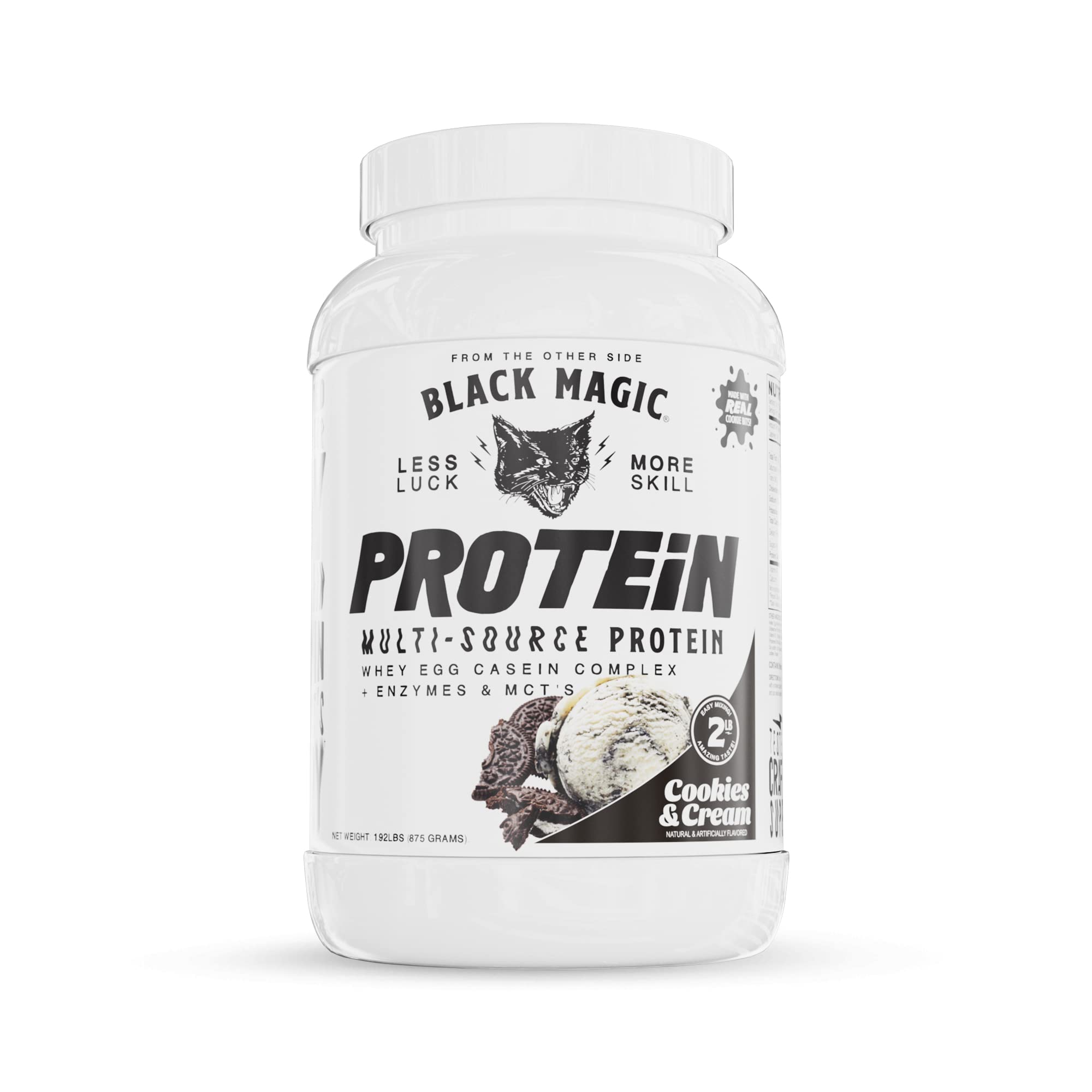 Magician Black Magic Multi-Source Protein - Whey, Egg, Casein Complex with Enzymes & MCT's Keto, Low Sugar Pre/Post Workout Cookies and Cream Flavor 24g 2 LB, 1.92 Pound (Pack of 1)