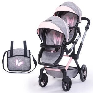 bayer design dolls: xeo twin pram - butterfly grey & pink - matching handbag, adjustable handle, for dolls up to 20"