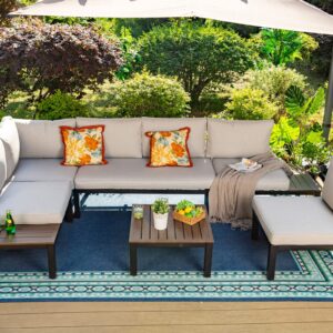 MFSTUDIO 6 Pieces Patio Furniture Set,Outdoor Metal Frame Sectional Sofa Conversation Set with Coffee Table&Removable Cushion for Backyard,Garden,Poolside …