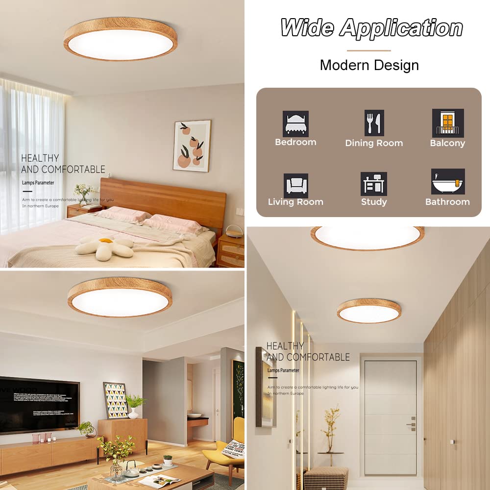 12 Inch Wood Grain LED Ceiling Light Fixture Flush Mount, ABS Mat., 5000K Daylight White, 24W Flat Modern Round Closet Lighting Fixtures, 3200LM Low Profile Circle Ceiling Lamp for Bedroom etc.