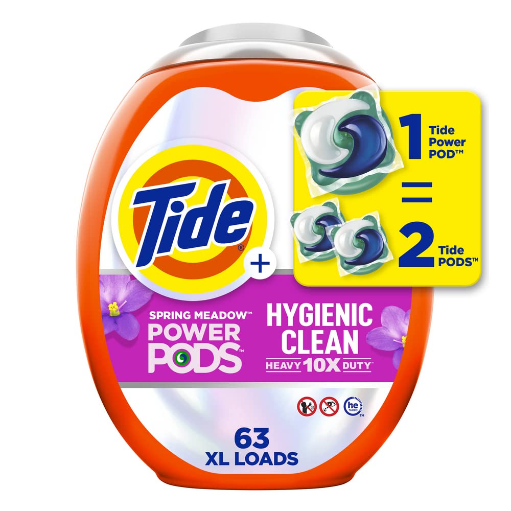 Tide Hygienic Clean Heavy 10x Duty Power PODS Laundry Detergent Pacs, Spring Meadow, 63 count, For Visible and Invisible Dirt