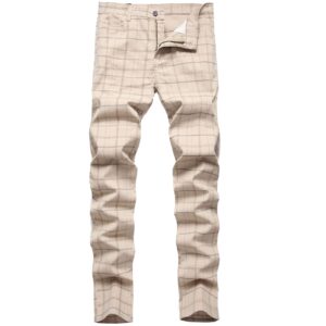 keevoom chinos pants men light khaki casual long trousers slim fit plaid dress pants(3303 light khaki,36)