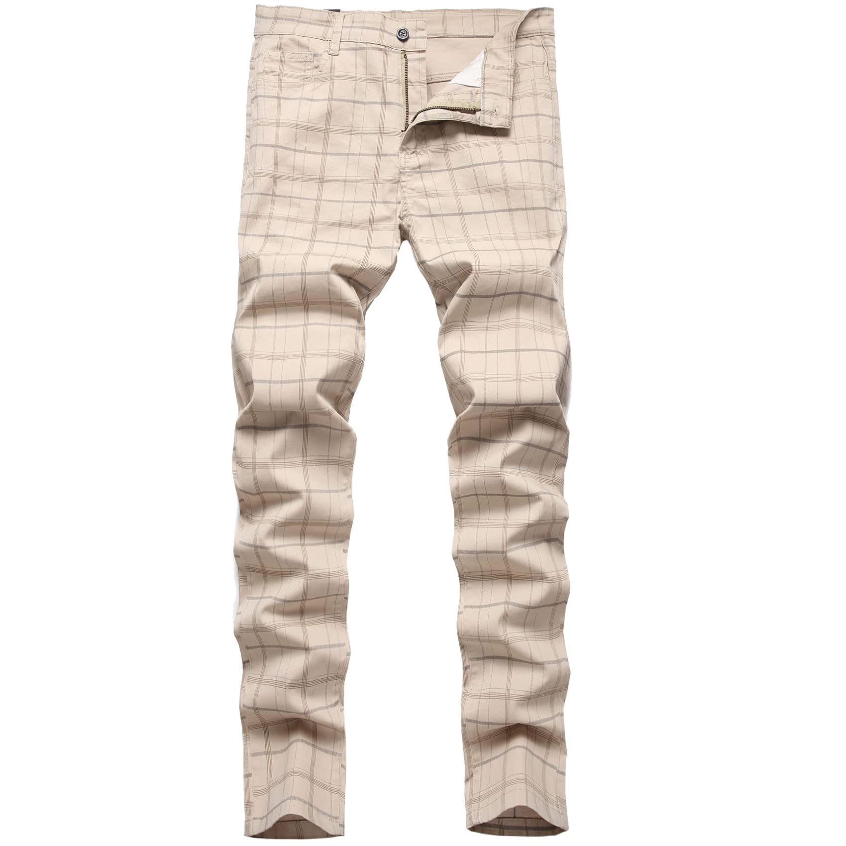 Keevoom Chinos Pants Men Light Khaki Casual Long Trousers Slim Fit Plaid Dress Pants(3303 Light Khaki,36)