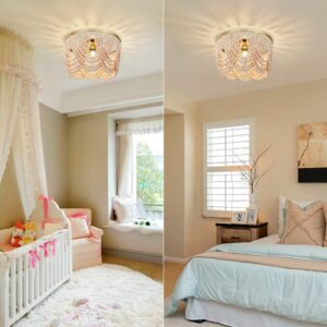 3-Light Boho Wood Beaded Chandelier Light Fixture, Gold and Oak Finish Semi Flush Mount Ceiling Light for Nursery Room, Girl Room, Kids Room, Bedroom, Hallway, Entryway, Passway