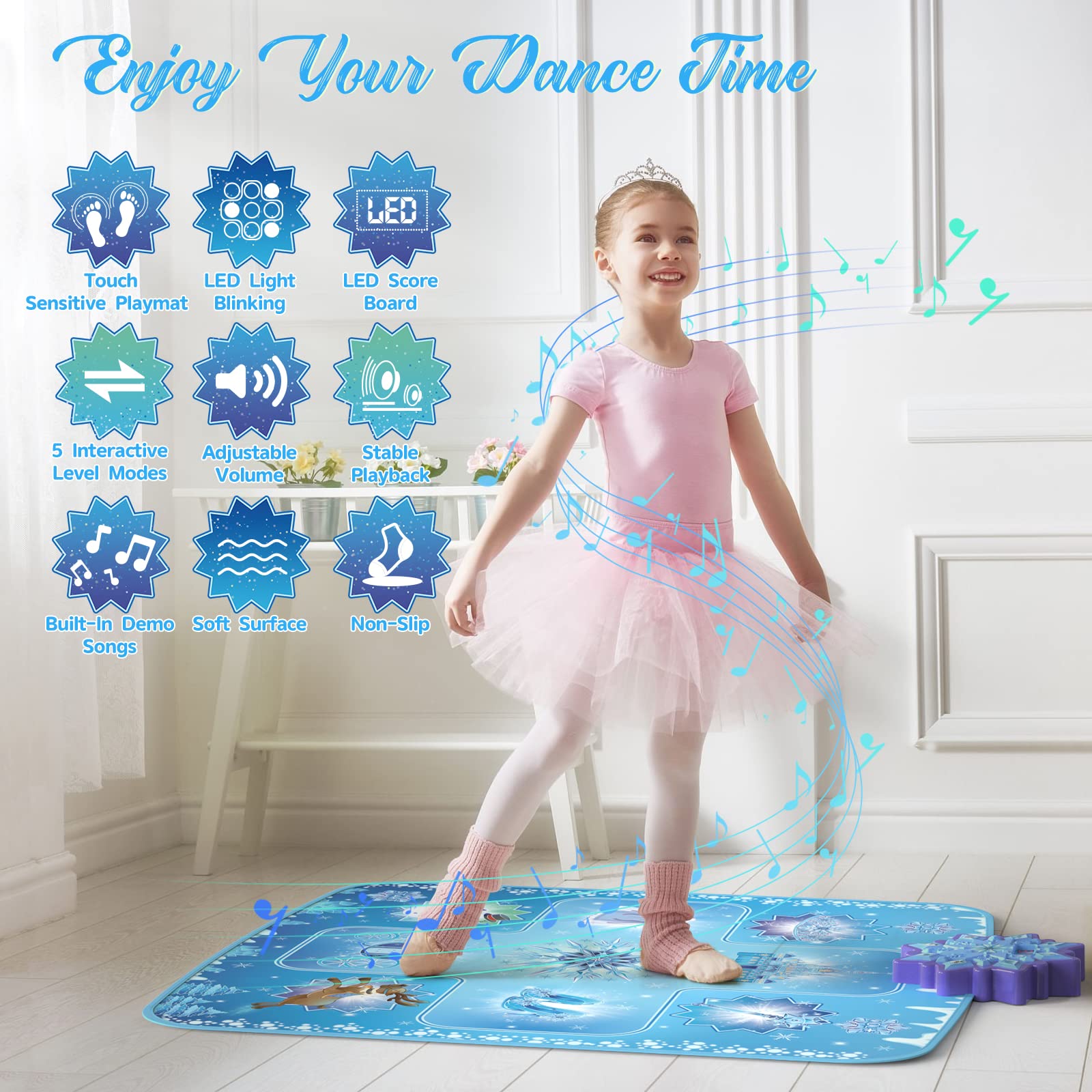 GirlsHome Dance Mat - Frozen Toys Touch Sensitive Light Up LED Kids Musical Mat, Christmas & Birthday Gift for Girls 3-12 -Snow Mat