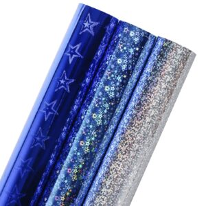 lezakaa holographic foil wrapping paper - mini roll - navy/blue/silvert for birthday, wedding shower, holiday - 17 x 120 inches - 3 rolls (42.5 sq.ft.ttl.)