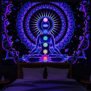 heopapin blacklight tapestry seven chakra tapestry uv reactive yoga meditation mandala wall tapestry trippy galaxy space tapestry for wall hanging tapestry for bedroom home decor w78×h59