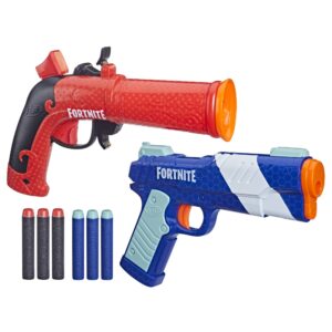 nerf fortnite dual pack includes 2 blasters (flint-knock & lp) and 6 elite foam darts