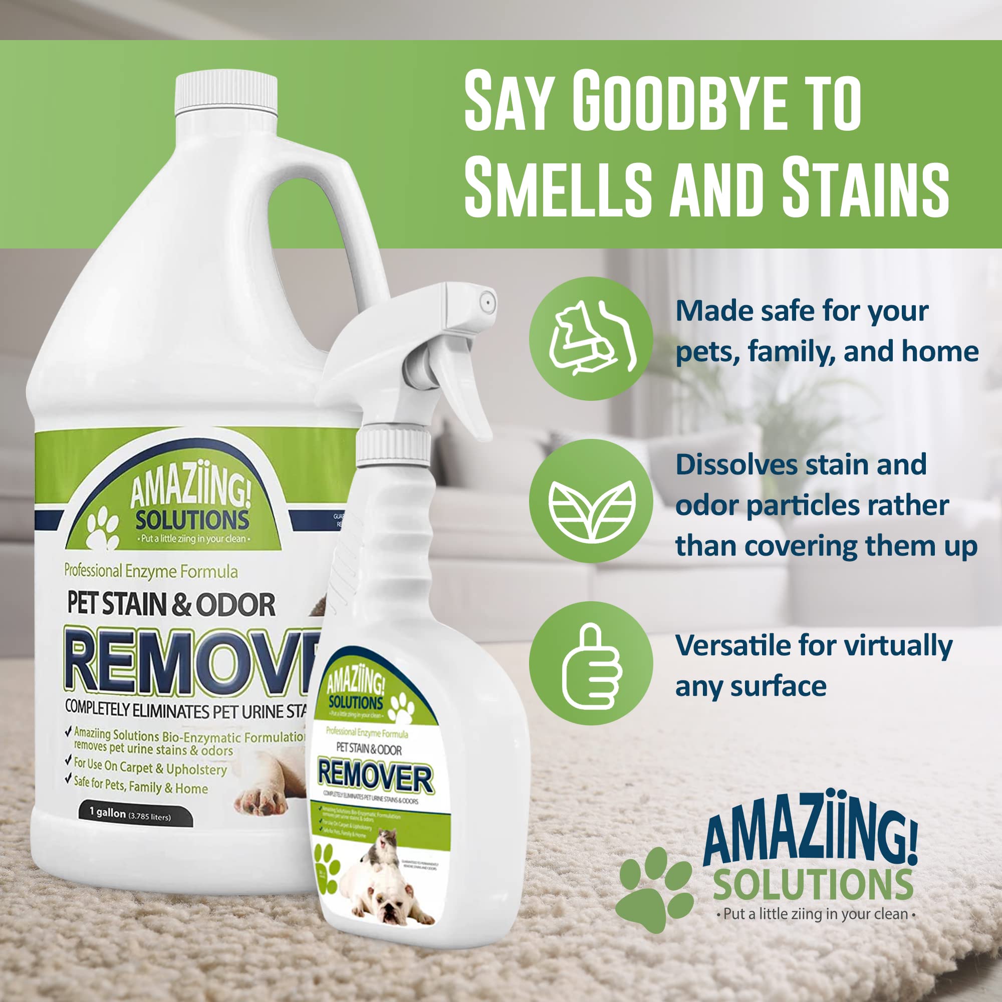 Amaziing Solutions 2-Pack Pet Stain and Odor Remover Enzyme Cleaner, Pet Urine Odor Eliminator Spray w/Gallon Refill - All Purpose Cleaner to Eliminate Pet Odor for Carpet and Hardwood Floors