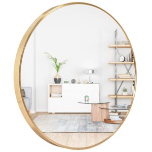 amgngala gold round mirror 24 inch, circle mirrors with hooks and metal framed, round wall mirror for bathroom, bedroom, entryway, living room, vanity room and modern decor