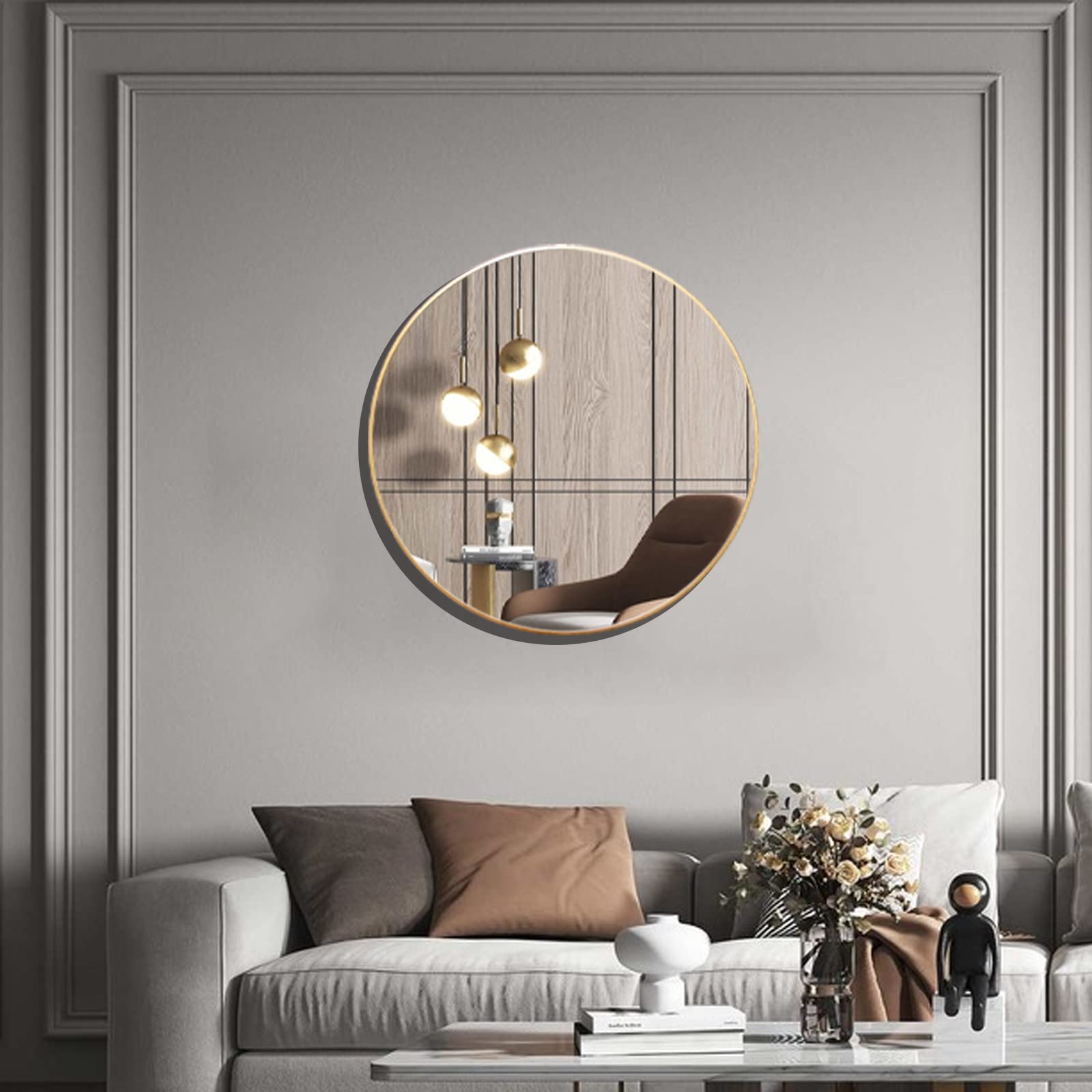 Amgngala Gold Round Mirror 24 Inch, Circle Mirrors with Hooks and Metal Framed, Round Wall Mirror for Bathroom, Bedroom, Entryway, Living Room, Vanity Room and Modern Decor