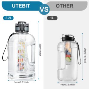 UTEBIT 74 OZ Fruit Infuser Water Bottle, Half Gallon Insulated Sports Water Bottle With Straw, 2.2L BPA Free Leak Proof Tritan Large Water Jug with Strap for Gym, Camping, Travel, Outdoor