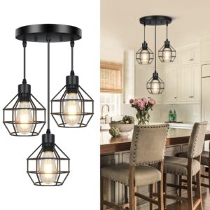 fadimikoo farmhouse 3-light pendant light fixtures, adjustable industrial hanging pendant lighting for kitchen island, vintage black metal cage pendant ceiling lamp for dining room bedroom