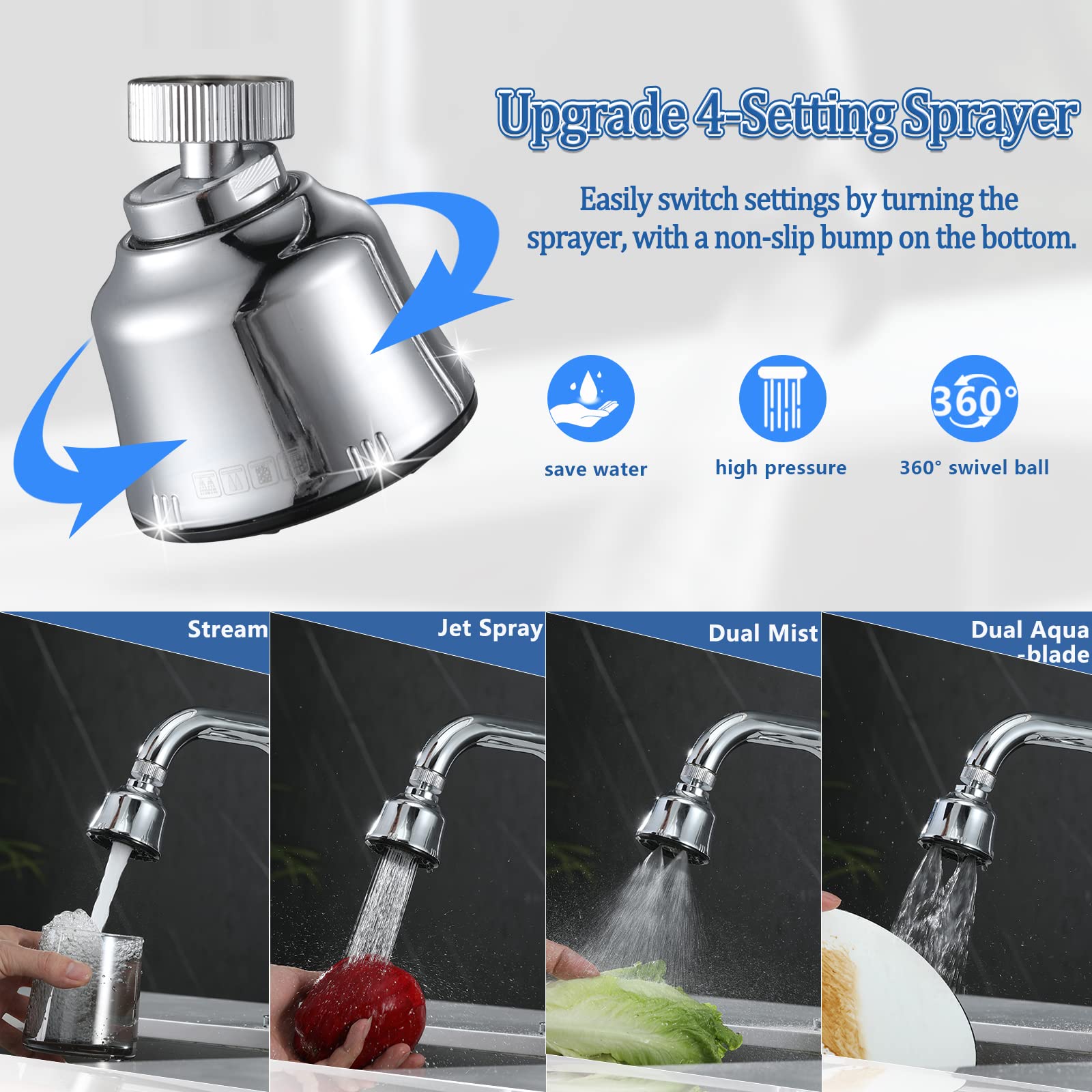 Sink Faucet Sprayer Attachment, Upgrade 4 Mode Adjustable Kitchen Faucet Head, Movable Kitchen Tap Head 360° Rotatable with Extension Hose, Anti-Splash Sink Sprayer Facuet Nozzle Head Water Saving