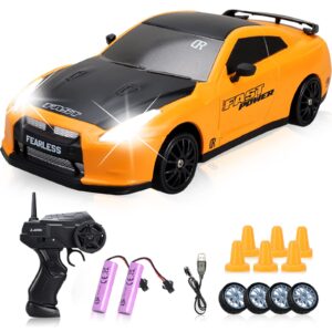 yuan plan remote control car 1/24 2.4ghz 4wd rc drift car, rechargeable high speed rc cars with cool lights, batteries and extra tires birthday gifts for kids