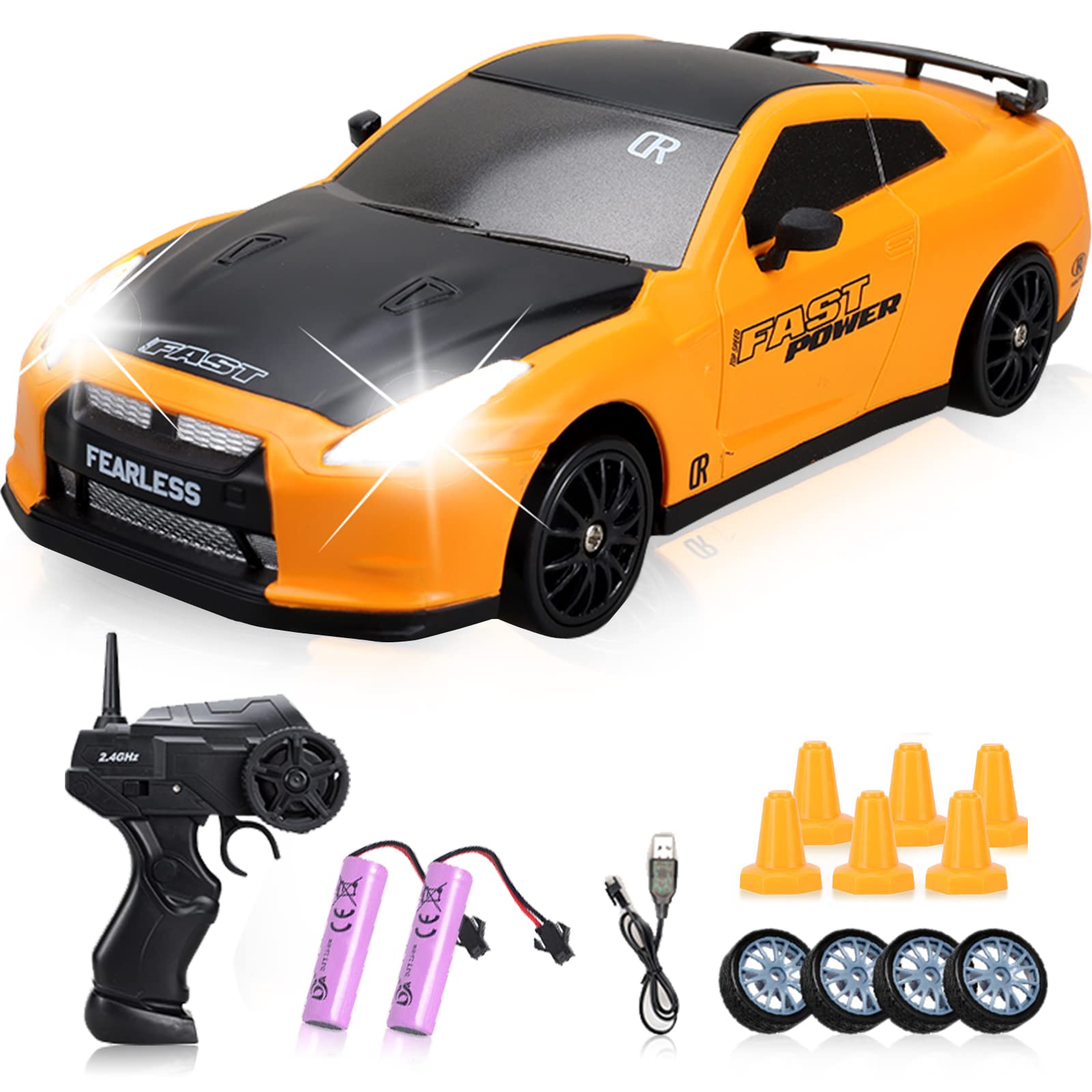 YUAN PLAN Remote Control Car 1/24 2.4GHz 4WD RC Drift Car, Rechargeable High Speed RC Cars with Cool Lights, Batteries and Extra Tires Birthday Gifts for Kids