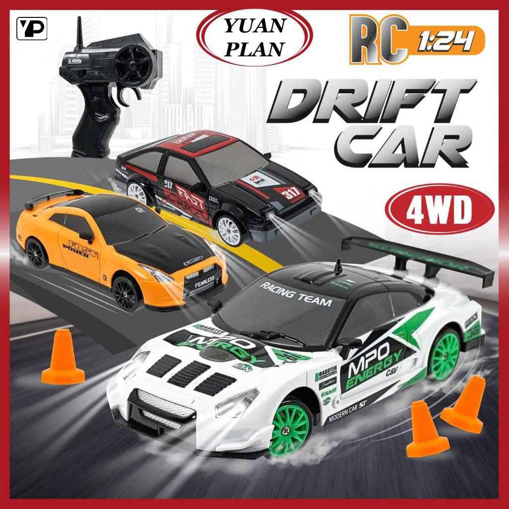 YUAN PLAN Remote Control Car 1/24 2.4GHz 4WD RC Drift Car, Rechargeable High Speed RC Cars with Cool Lights, Batteries and Extra Tires Birthday Gifts for Kids