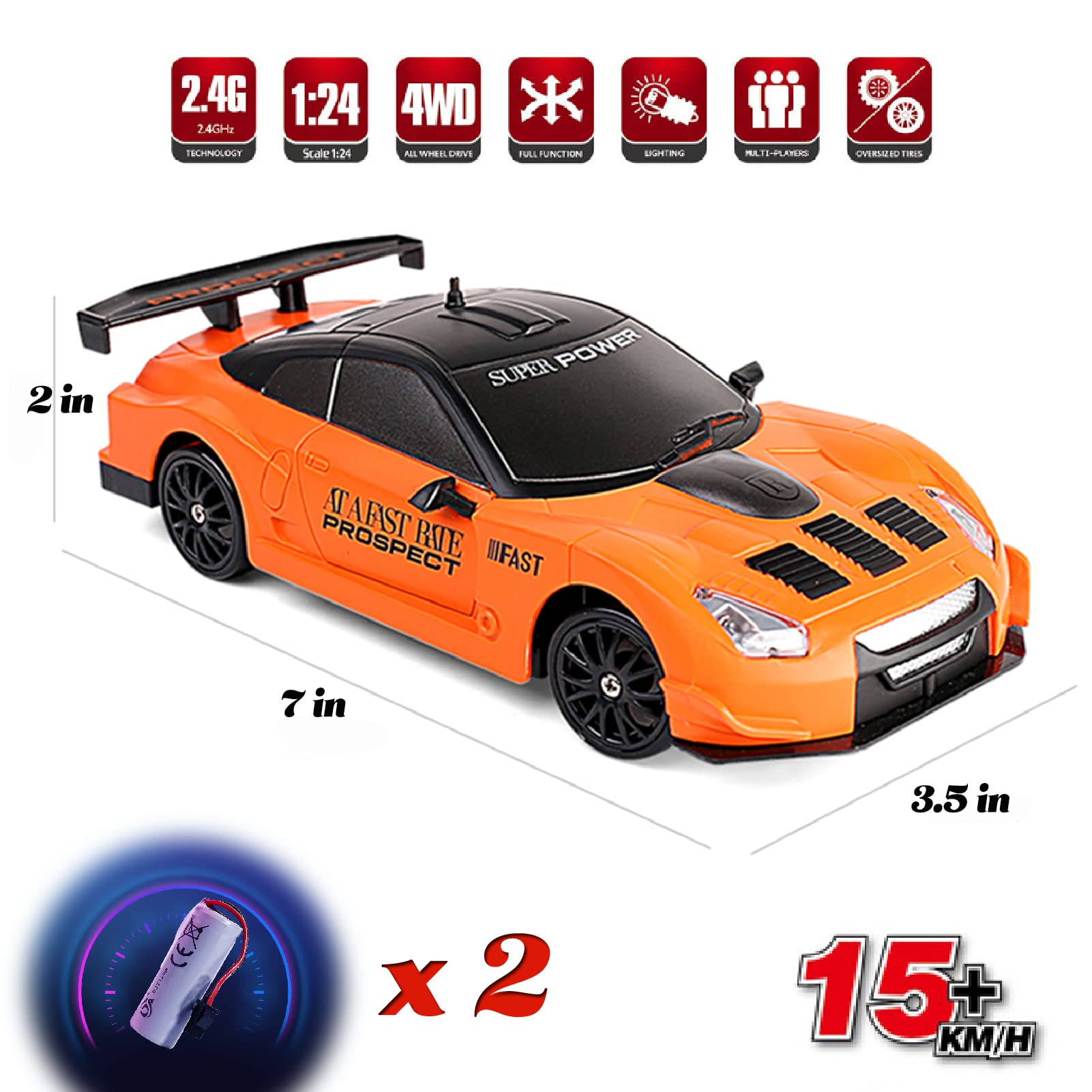 YUAN PLAN Remote Control Car 1/24 2.4GHz 4WD RC Drift Car, Rechargeable High Speed RC Cars with Cool Lights, Batteries and Extra Tires Birthday Gifts for Kids