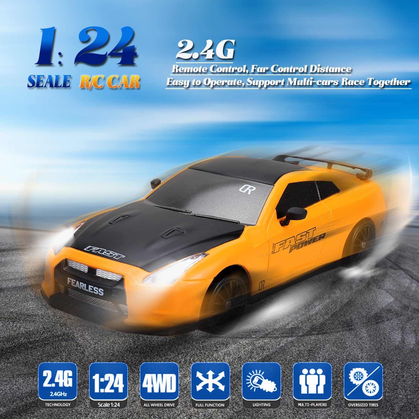 YUAN PLAN Remote Control Car 1/24 2.4GHz 4WD RC Drift Car, Rechargeable High Speed RC Cars with Cool Lights, Batteries and Extra Tires Birthday Gifts for Kids