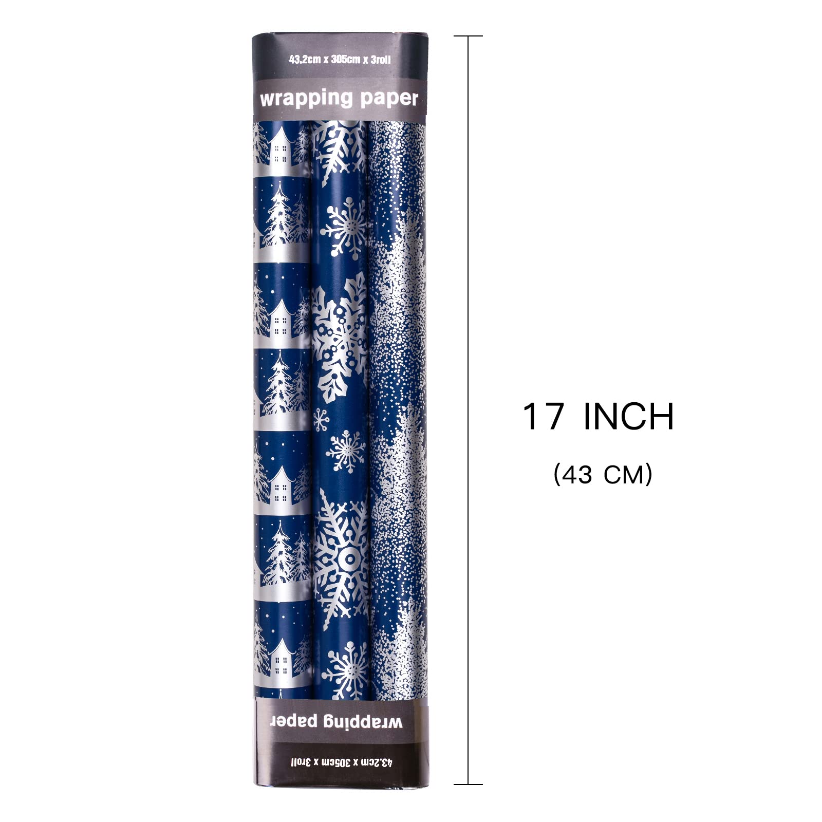 LeZakaa Navy Christmas Wrapping Paper Roll - Min Roll - Snowy Woodland Scenes/Snowflake/Tree for Gift Wrap, DIY Craft - 17 x 120 inches - 3 Rolls (42.5 sq.ft.ttl.)