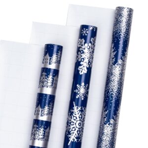 LeZakaa Navy Christmas Wrapping Paper Roll - Min Roll - Snowy Woodland Scenes/Snowflake/Tree for Gift Wrap, DIY Craft - 17 x 120 inches - 3 Rolls (42.5 sq.ft.ttl.)