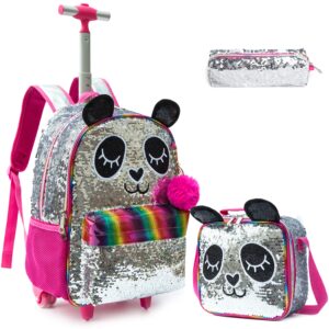 panda school kids rolling backpack for girls with wheels trolley wheeled backpacks for girls travel bags 3pcs girls backpack with lunch box and pencil case kids rolling suitcase silver sequin backpack