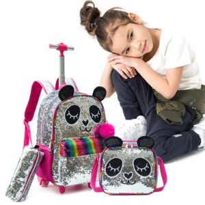 Panda School Kids Rolling Backpack for Girls With Wheels Trolley Wheeled Backpacks for Girls Travel Bags 3PCS Girls Backpack With Lunch Box and Pencil Case Kids Rolling Suitcase Silver Sequin Backpack