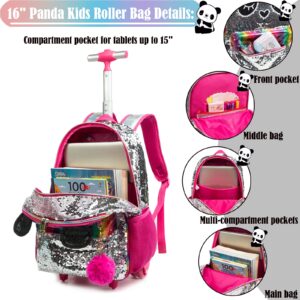 Panda School Kids Rolling Backpack for Girls With Wheels Trolley Wheeled Backpacks for Girls Travel Bags 3PCS Girls Backpack With Lunch Box and Pencil Case Kids Rolling Suitcase Silver Sequin Backpack