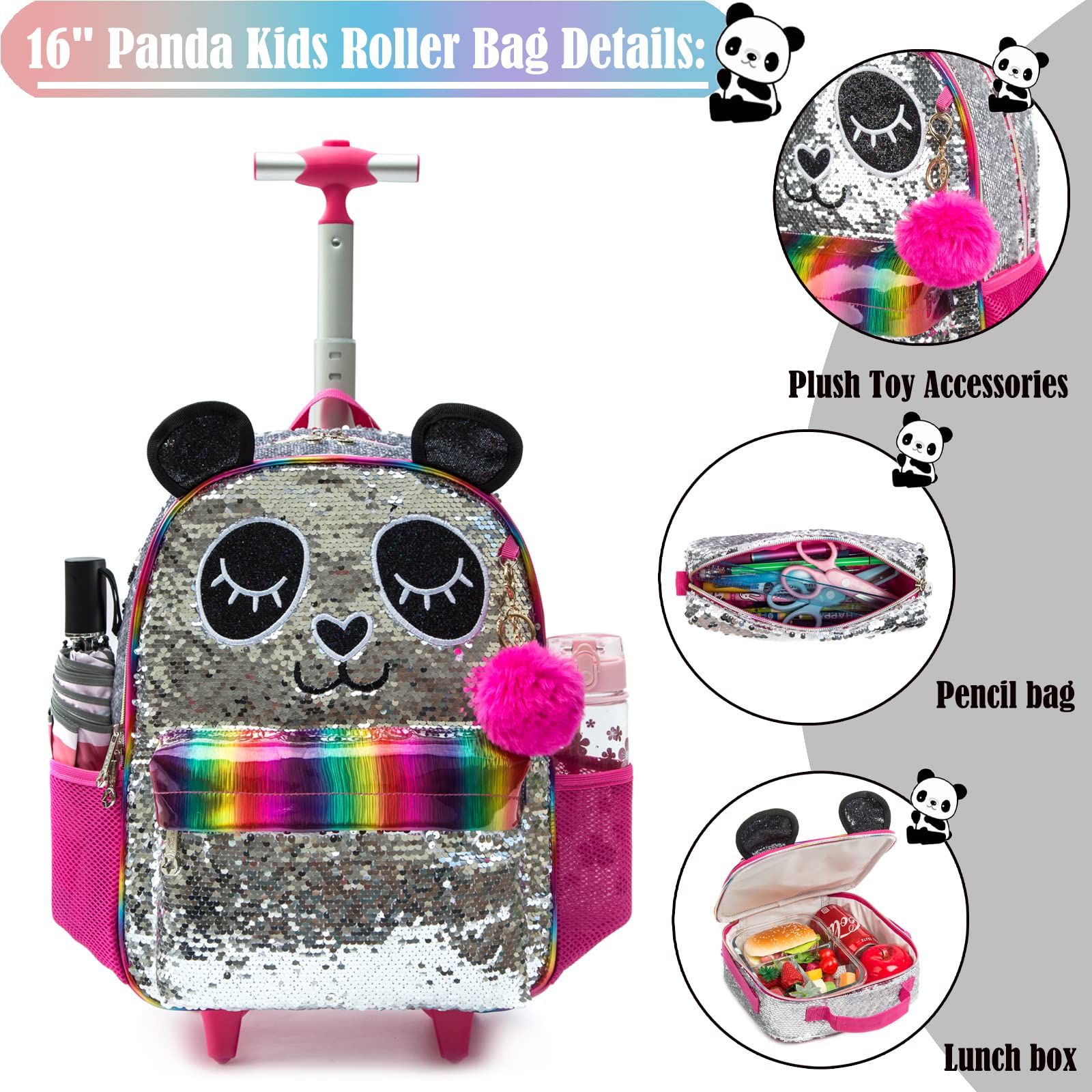 Panda School Kids Rolling Backpack for Girls With Wheels Trolley Wheeled Backpacks for Girls Travel Bags 3PCS Girls Backpack With Lunch Box and Pencil Case Kids Rolling Suitcase Silver Sequin Backpack