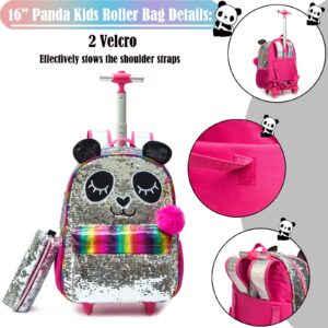 Panda School Kids Rolling Backpack for Girls With Wheels Trolley Wheeled Backpacks for Girls Travel Bags 3PCS Girls Backpack With Lunch Box and Pencil Case Kids Rolling Suitcase Silver Sequin Backpack