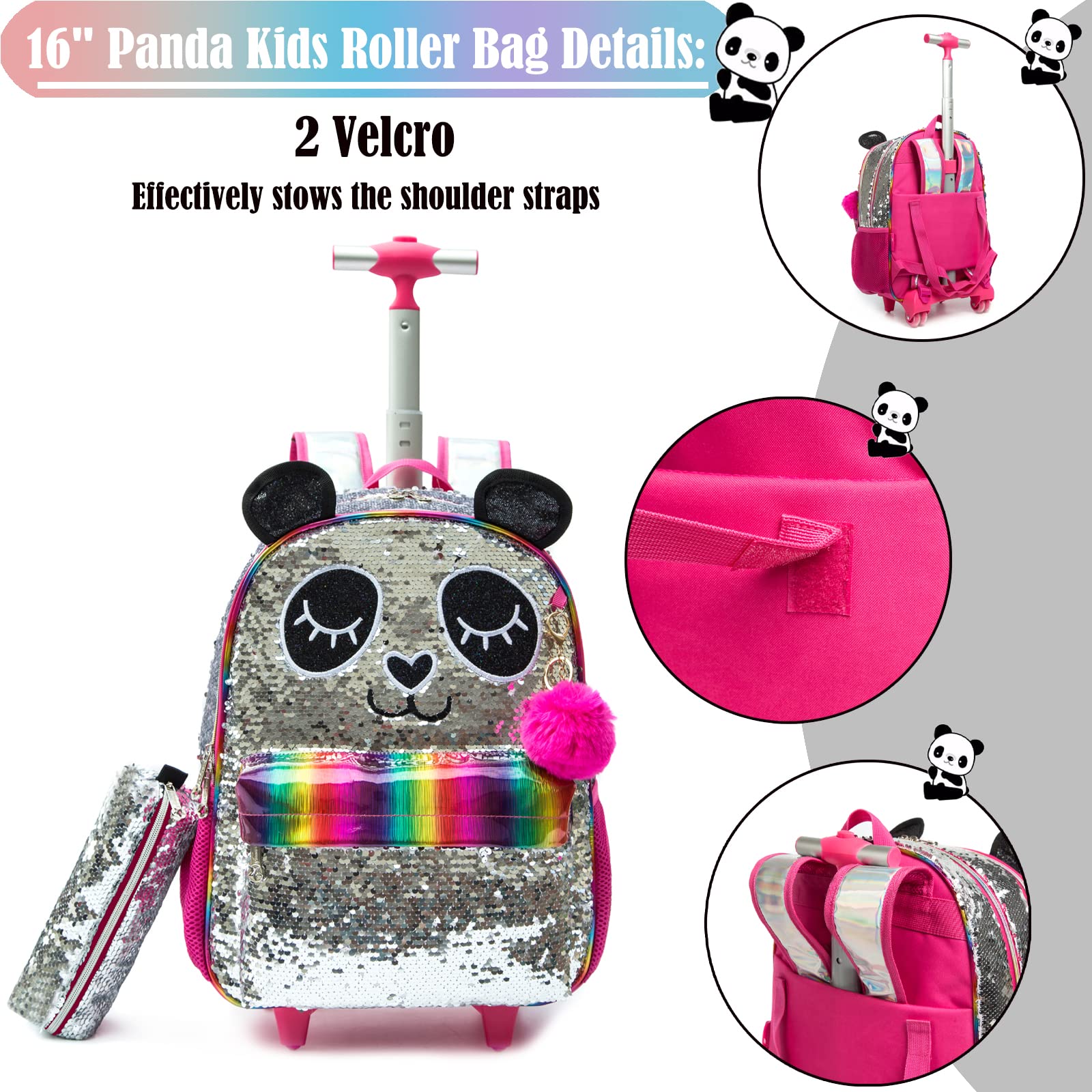 Panda School Kids Rolling Backpack for Girls With Wheels Trolley Wheeled Backpacks for Girls Travel Bags 3PCS Girls Backpack With Lunch Box and Pencil Case Kids Rolling Suitcase Silver Sequin Backpack