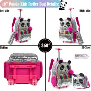 Panda School Kids Rolling Backpack for Girls With Wheels Trolley Wheeled Backpacks for Girls Travel Bags 3PCS Girls Backpack With Lunch Box and Pencil Case Kids Rolling Suitcase Silver Sequin Backpack