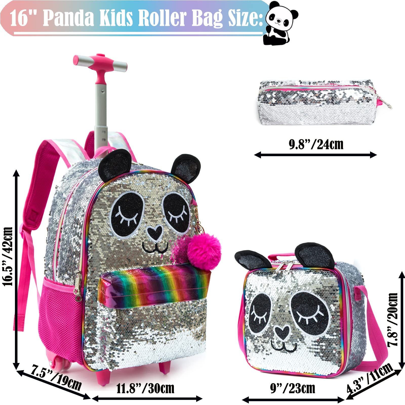 Panda School Kids Rolling Backpack for Girls With Wheels Trolley Wheeled Backpacks for Girls Travel Bags 3PCS Girls Backpack With Lunch Box and Pencil Case Kids Rolling Suitcase Silver Sequin Backpack