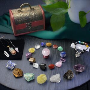 Healing Crystals Set 28 Pcs Real Crystals and Healing Stones Kit, Energy Crystals for Beginners Meditation Yoga, 14 Natural Tumbled Crystals and 7 Raw Chakra Stones, Crystal Ball, Pendulum, Selenite