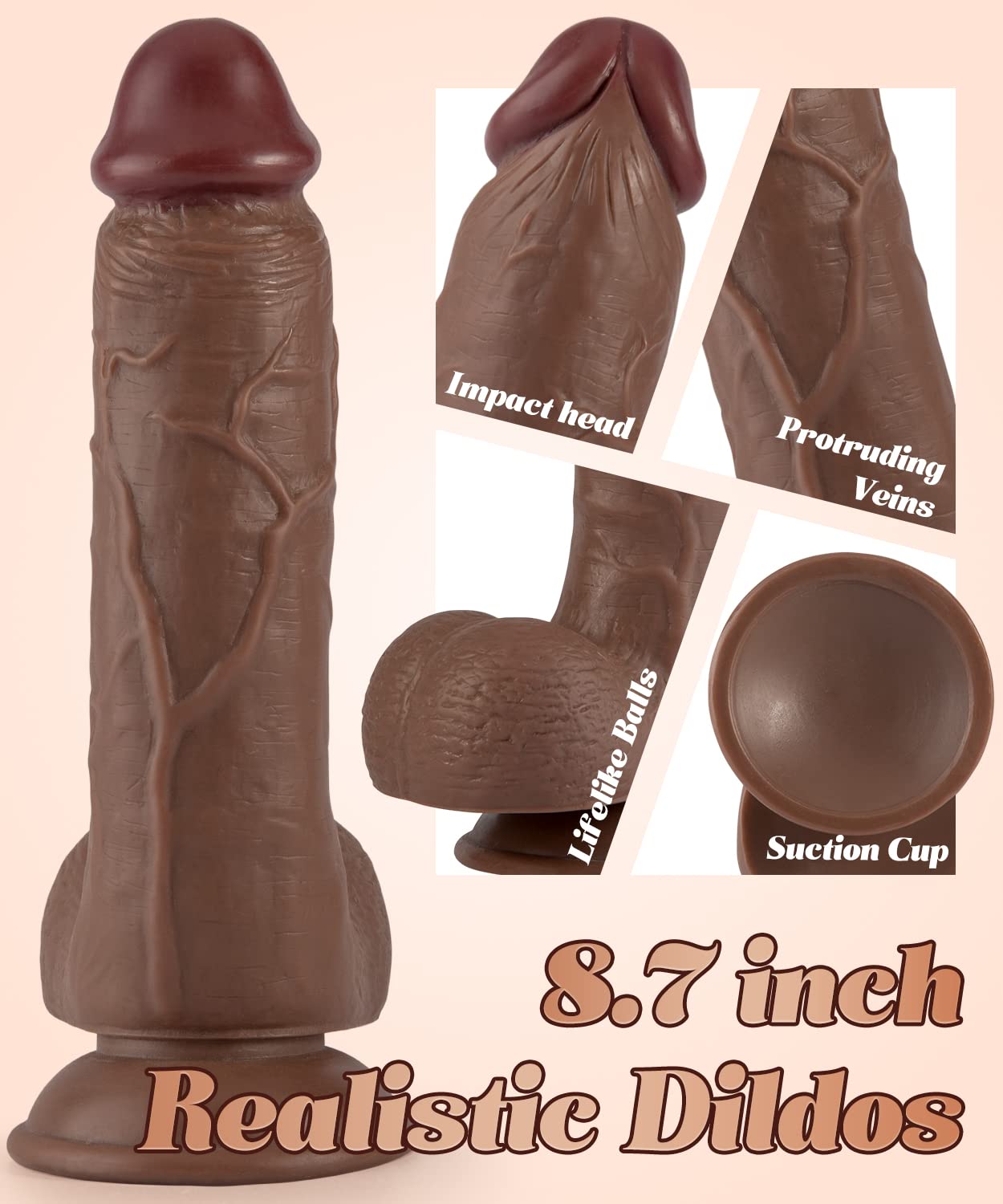 8.7 inch Realistic Dildo, Lifelike Huge Penis with Strong Suction Cup for Hands-free Play, G-Spot Stimulation Dildo Adult Sex Toys for Women and Couple (Brown)