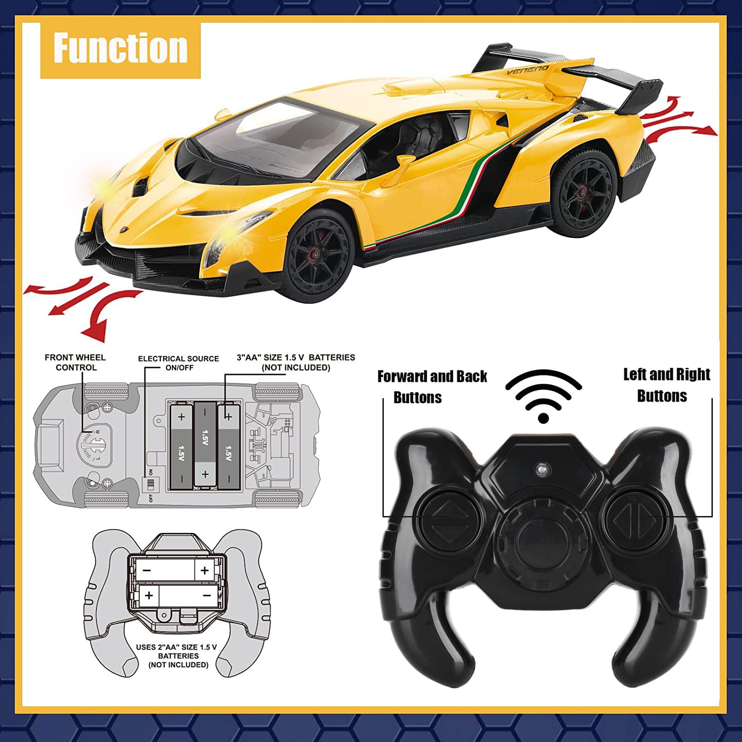 GUOKAI Remote Control Car, 1/24 Scale RC Sport Racing Toy Car, Compatible with Lamborghini Veneno Model Vehicle for Boys Girls