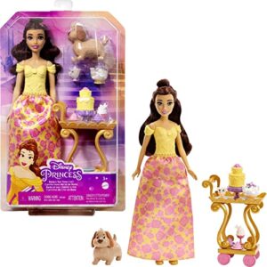 mattel disney princess belle tea time fashion doll & playset with tea cart, 3 character friends and food accessories