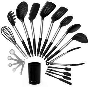 musential 20-piece kitchen utensil set with holder, bpa-free silicone and stainless steel handle, non-stick and heat resistant cooking spatula utensil set (black/silver)