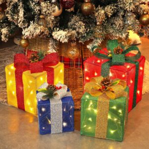 set of 4 christmas lighted gift boxes decorations, pre-lit tinsel present box with bowknot(red green yellow blue), light up xmas tree skirt ornament, indoor outdoor plug in for home holiday party