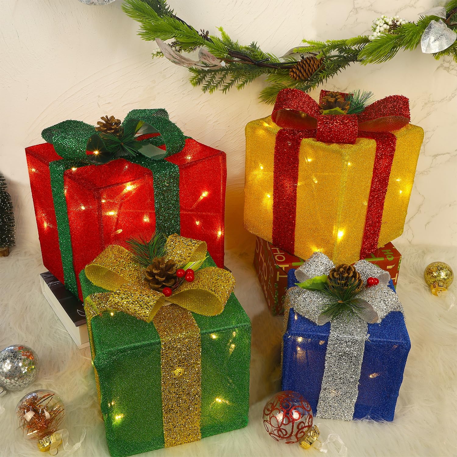 Set of 4 Christmas Lighted Gift Boxes Decorations, Pre-lit Tinsel Present Box with Bowknot(Red Green Yellow Blue), Light Up Xmas Tree Skirt Ornament, Indoor Outdoor Plug in for Home Holiday Party