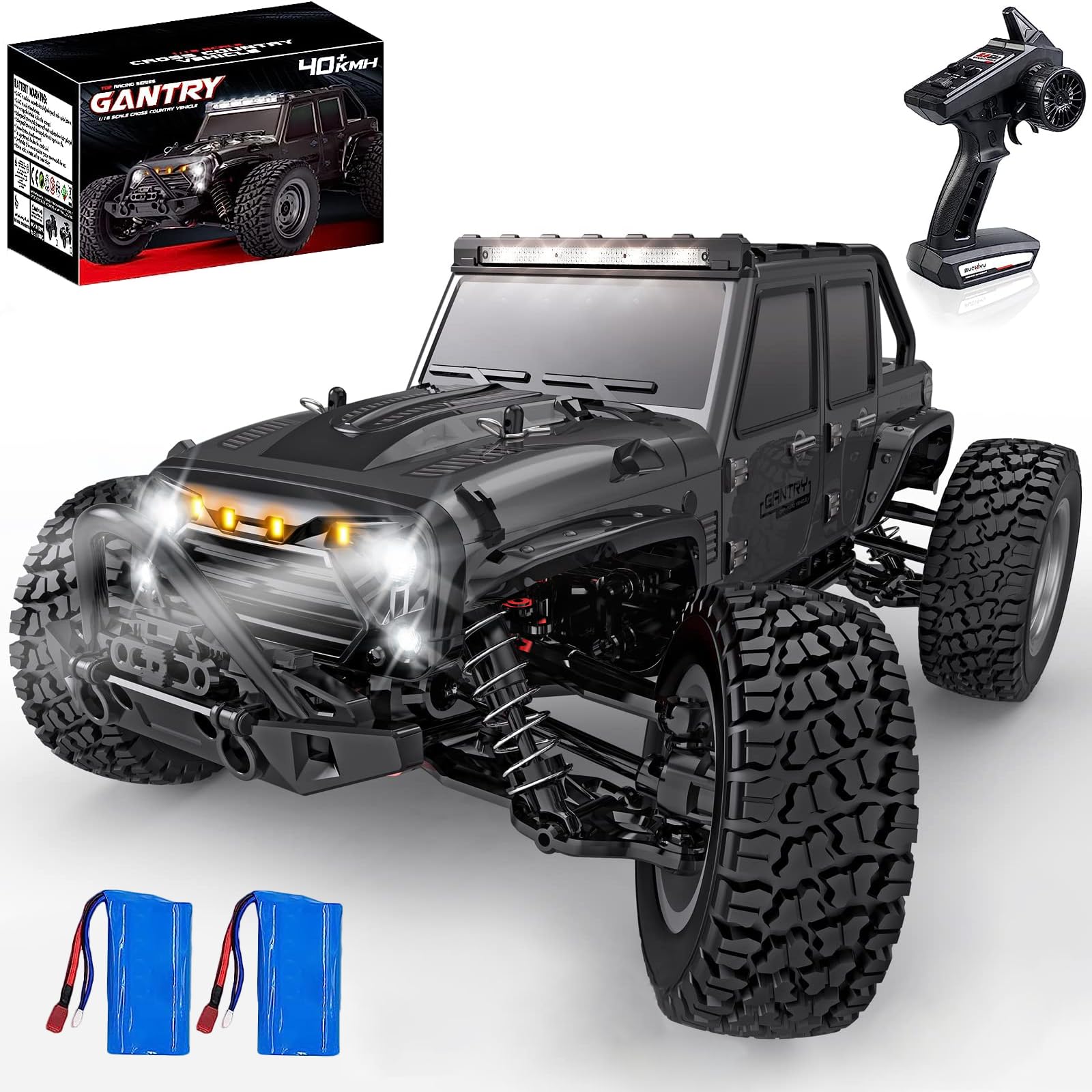 Giociiol 1:16 Scale All Terrain Remote Control Car, 4X4 High Speed 40 Km/h RC Truck 2 Rechargeable Batteries Waterproof Monster RC Crawlers with LED Light for Kids Boys and Adults